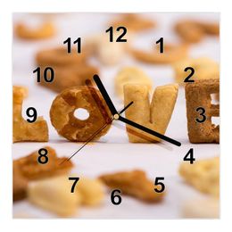Primedeco Wanduhr Glasuhr Wanduhr Wandkunst Größe 30 x 30 cm mit Motiv Wort Liebe aus Getreide, Ziffernblatt: Modern