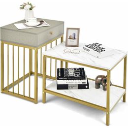 Costway 2er Set Couchtisch mit Marmoroptik, Beistelltisch mit goldfarbenem Metallbeinen, Kaffeetische Satz modern für Wohnzimmer und Schlafzimmer, weiss und