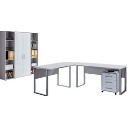 Büro-Set BMG MÖBEL "Tabor Office 3" Arbeitsmöbel-Sets grau (grau, weiß hochglanz) Büromöbel-Sets