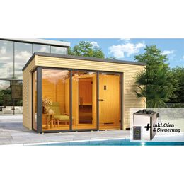 Weka Design-Saunahaus 'Cubilis' mit Sauna Varberg 3 und 7,5 kW OS-Ofenset, Steuerung 380 x 300 x 249 cm