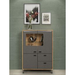 Lomadox Highboard Vitrine Filz Fronten BLAIN-19 Korpus in Eiche Navarra Nb., b/h/t: ca. 98/138/42 cm - grau