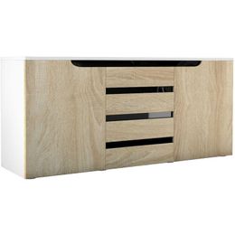 Vladon - Sideboard Kommode Anrichte Schrank Sylt V1 in Weiß - Hochglanz und Naturtöne - Eiche sägerau / Schwarz Hochglanz - Eiche sägerau / Schwarz