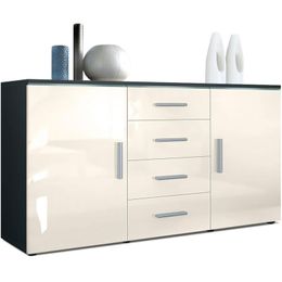 Vladon - Sideboard Kommode Highboard Anrichte Faro V1 Schwarz matt - Hochglanz - Front in Creme Hochglanz - Front in Creme Hochglanz