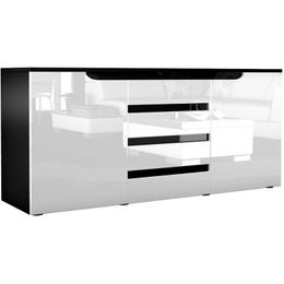 Vladon Sideboard Anrichte Kommode Schrank Sylt V1 Schwarz - in Hochglanz & Naturtöne - Weiß Hochglanz / Schwarz Hochglanz - Weiß Hochglanz / Schwarz