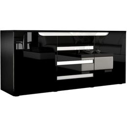 Vladon Sideboard Anrichte Kommode Schrank Sylt V1 Schwarz - in Hochglanz & Naturtöne - Schwarz Hochglanz / Weiß Hochglanz - Schwarz Hochglanz / Weiß