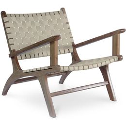 PRIVATEFLOOR Loungesessel mit Armlehnen - Boho Bali Design Stuhl - Holz und Leinen - Recia Taupe - Taka, Leinen - Taupe