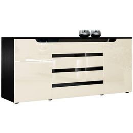 Vladon - Sideboard Anrichte Kommode Schrank Sylt V2 Schwarz - in Hochglanz & Naturtöne - Creme Hochglanz / Schwarz Hochglanz - Creme Hochglanz /