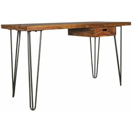 FineBuy - Schreibtisch bagli braun 130 x 60 x 76 cm Massiv Holz Laptoptisch Sheesham Natur, Landhaus-Stil Arbeitstisch mit Ablage, Bürotisch PC-Tisch