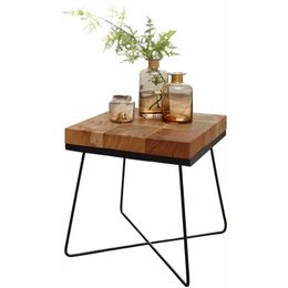 FineBuy - Beistelltisch 45 x 45 x 51 cm Akazie Massivholz mit Metallgestell, Industrial Anstelltisch Quadratisch Massiv Holz Tisch Braun,