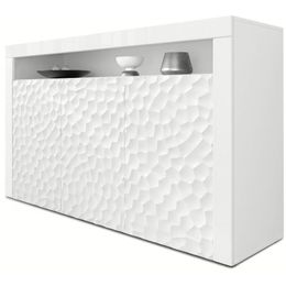 Vladon - Sideboard tv Board Kommode Schrank Lowboard Valencia in Weiß mit 3D Fronten - Fronten in Weiß Hochglanz Calypso mit 3D Struktur Sideboard
