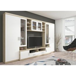 Top Wohnwand Paris Anbauwand Wohnkombi Wohnzimmer mdf Weiss + Sonoma Eiche matt