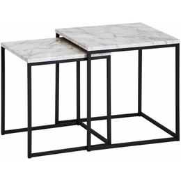 Design Beistelltisch 2er Set Marmor Optik Weiß, Couchtisch 2 teilig Tischgestell Schwarz, Kleine Wohnzimmertische, Moderne Satztische - FineBuy