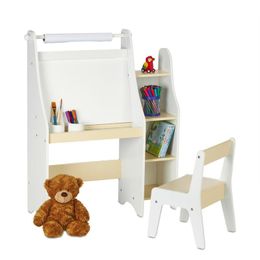 Kindertafel, mit Kinderstuhl, Fächern & Papierrolle, hbt: 90 x 72 x 30 cm, Maltafel Kinderzimmmer, weiß/beige - Relaxdays
