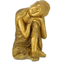 Buddha Figur Garten, wetterfest & frostsicher, xl Gartenbuddha ruhend, Gartenfigur, hbt: 61 x 40 x 37 cm, gold - Relaxdays