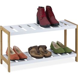 Schuhregal, 2 Ebenen, für 6 Paar Schuhe, hbt 35,5 x 70 x 26,5 cm, Schuhständer offen, mdf & Bambus, weiß/natur - Relaxdays