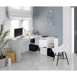 Schreibtisch Dmorlup, Umschaltbarer Multipositions-Schreibtisch, Arbeits- oder Bürotisch für pc mit Regal, 136x139h74 cm, Weiß und Zement - Dmora