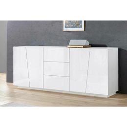 Kommode Dmicill, Küchen-Sideboard mit 4 Türen und 3 Schubladen, Wohnzimmer-Buffet, 100 % Made in Italy, cm 220x43h86, glänzend weiß - Dmora