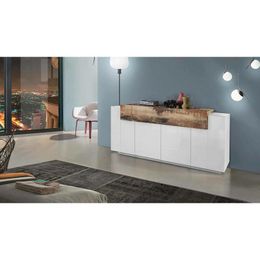 Kommode Dgerl, Küchen-Sideboard mit 4 Türen, Wohnzimmer-Buffet, 100% Made in Italy, cm 200x45h86, Weiß glänzend und Ahorn - Dmora