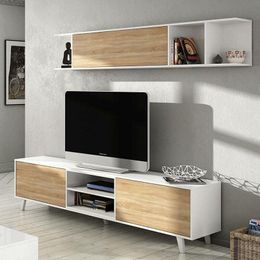 Lagerwand Darcole, TV-Ständer für Wohnzimmer, Wohnzimmerkomposition mit Wohnwand, 180x41h51 cm, Weiß und Eiche - Dmora