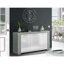 Anrichte Dalbier, Modernes Sideboard mit 3 Türen, Buffet im Wohnzimmer, Fernsehschrank, Sideboard für Wohnzimmer, 144x42h80 cm, Beton und Weiß - Dmora