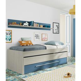 Einzelbett Dmialic, Bettrahmen für Schlafzimmer, Einzelbett mit ausziehbarem Kinderbett und passender Kommode und Regal, 199x96h65 cm, Weiß und blau