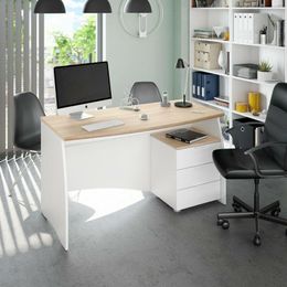 Schreibtisch Davell, Schreibtisch, PC-Halter Studiertisch mit 3 Schubladen, 136x67h74 cm, Weiß und Eiche - Dmora