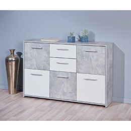 Sideboard mit fünf Türen und zwei Schubladen im Mittelteil, Farbe Weiß und Beton, Maße 115 x 77 x 30 cm - Dmora