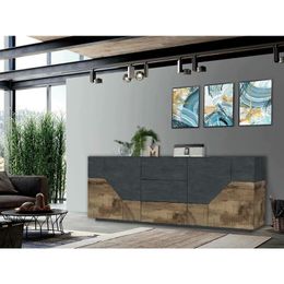 Kommode Dmazz, Küchen-Sideboard mit 4 Türen und 3 Schubladen, Wohnzimmer-Buffet, 100% Made in Italy, cm 220x43h86, Schiefer und Ahorn - Dmora