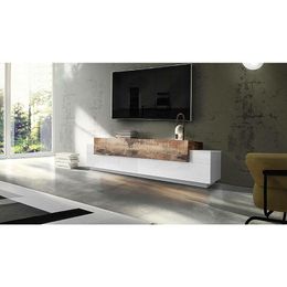 Fernsehschrank Dmirand, Niedriges Sideboard für Wohnzimmer, Sockel für TV-Möbel, 100 % Made in Italy, cm 200x45h52, Weiß glänzend und Ahorn - Dmora