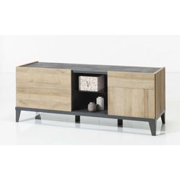 CAESAROO Sideboard 140 cm Eiche und Grau mit einer Klapptür und einem offenen Fach mit Glasboden Eiche und Grau