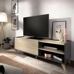 CAESAROO Wohnzimmer-TV-Schrank 155 cm Abby Graphit und natur mit einer Klappe und zwei Fächern Graphit und natürlich