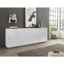 Kommode Dgut, Küchen-Sideboard mit 4 Türen und 3 Schubladen, Wohnzimmer-Buffet, 100 % Made in Italy, cm 224x44h86, glänzend weiß - Dmora