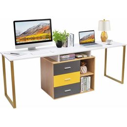 Schreibtisch Winkelkombination, 220cm Eckschreibtisch mit 3 Schubladen & 2 Regale, Computertisch für 2 Personen, freie Aufstellensmöglichkeit, für
