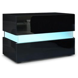 Vladon Nachttisch Nachtkonsole Nachtschrank Flow in Weiß oder Schwarz Hochglanz - Schwarz Korpus Hochglanz, mit led Beleuchtung - Schwarz Korpus Hochglanz,