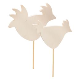 buttinette Hahn und Huhn aus Holz, mit Stab, 30 cm und 25 cm, 2 Stück