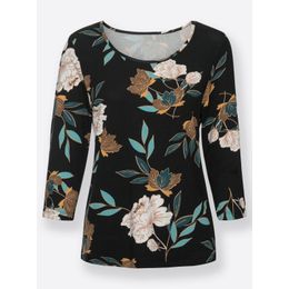 WITT Damen Print-Shirt mit floralem Muster, petrol-ocker-bedruckt, Gr&ouml;&szlig;e 42