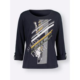 WITT Damen Langarmshirt mit Glitzersteinchen-Verzierung, marine-wei&szlig;-bedruckt, Gr&ouml;&szlig;e 48