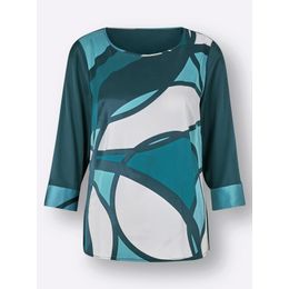 WITT Damen Schlupfbluse , hinten einfarbig, ecru-petrol-bedruckt, Gr&ouml;&szlig;e 46