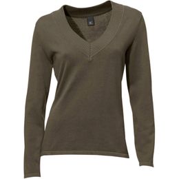 Heine Witt Damen V-Ausschnitt-Pullover aus reiner Baumwolle, oliv, Gr&ouml;&szlig;e 40