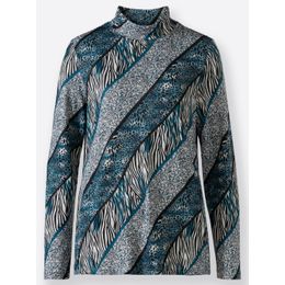 WITT Damen Langarmshirt mit Stehkragen, aquapetrol-schwarz-bedruckt, Gr&ouml;&szlig;e 50