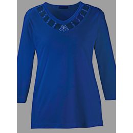 WITT Damen 3/4-Arm-Shirt mit Glitzersteinchen am Ausschnitt, royalblau, Gr&ouml;&szlig;e 36