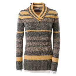 WITT Damen V-Ausschnitt-Pullover aus Melangegarn, curry-anthrazit-geringelt, Gr&ouml;&szlig;e 50