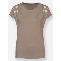 WITT Damen Rundhalsshirt mit Bl&uuml;ten-Applikation und Stickerei, sesam, Gr&ouml;&szlig;e 36