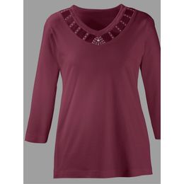 WITT Damen 3/4-Arm-Shirt mit Glitzersteinchen am Ausschnitt, weinrot, Größe 40