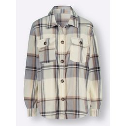 WITT Damen Fleecejacke mit Kn&ouml;pfen in Horn-Optik, champagner-steingrau-kariert, Gr&ouml;&szlig;e 46