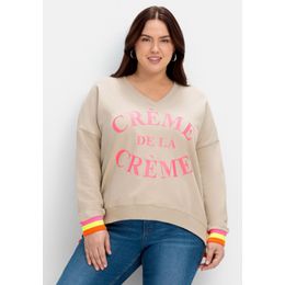 sheego loves miss goodlife Große Größen: Sweater mit Wordingprint und Ringelbündchen, sand, Gr.46