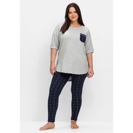 sheego Große Größen: Set aus Schlafshirt und Leggings, marine+grau meliert, Gr.52/54