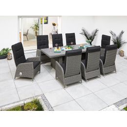 Konifera Garten-Essgruppe Brisbane, (Set, 17-tlg., inkl. Auflagen, 8x Sessel, 1x Tisch 225x100x75, Aluminium/Polyrattan), Rückenlehnen verstellbar, Tischplatte aus Stone-Spray-Glas, grau