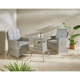 Konifera Garten-Essgruppe Venedig, (Set, 3-tlg., 2x Sessel, 1x Tisch Ø 70 cm, inkl. Auflagen, Polyrattan, Aluminium), Hellgrau, Tischplatte aus 5 mm starkem Sicherheitsglas, grau