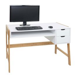 Schreibtisch MCW-K12, B&uuml;rotisch Computertisch Arbeitstisch, Schublade, Bambus 76x115x58cm ~ wei&szlig;